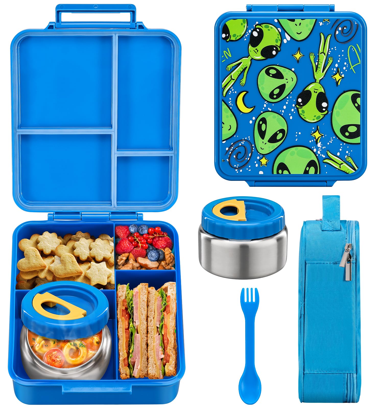 MAISON HUIS Bento Lunch Box for Kids With 8oz Soup Thermo, Leakproof Lunch Compartment Containers with 4 Compartment Bento Box, Thermo Food Jar and Lunch Bag, BPA Free,Travel, School(Alien in Space)