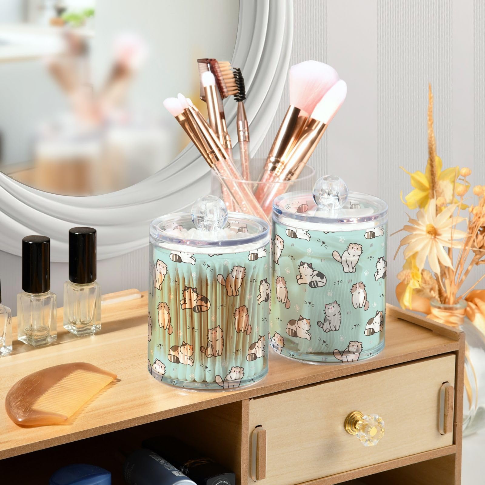Cartoon Cat Pastel Green 2 Pack Qtip Holder Organizer Dispenser Plastic Bathroom Jars Storage Containers with Lids Clear Bathroom Organizer Dispenser for Bathroom Accessories