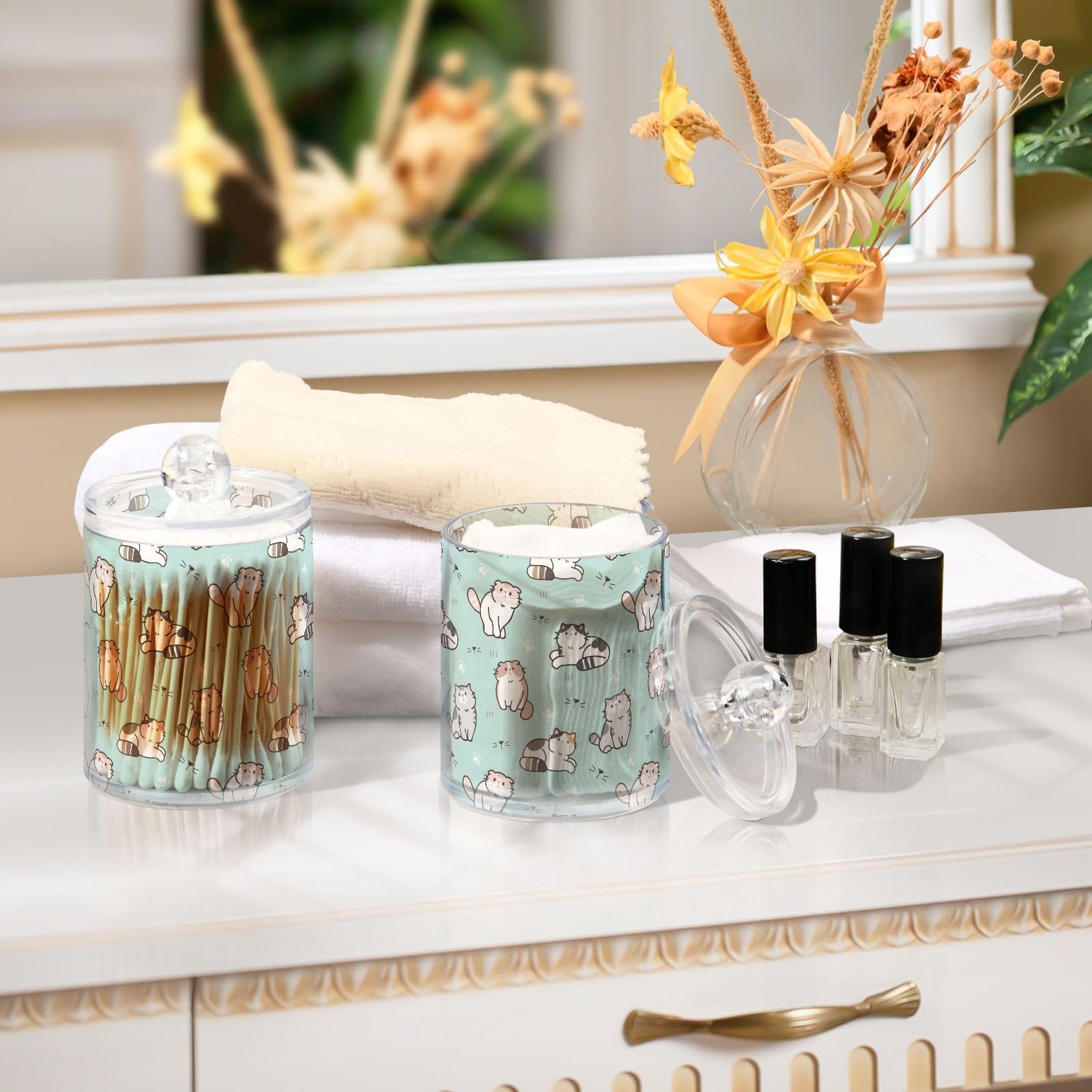 Cartoon Cat Pastel Green 2 Pack Qtip Holder Organizer Dispenser Plastic Bathroom Jars Storage Containers with Lids Clear Bathroom Organizer Dispenser for Bathroom Accessories