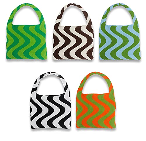 Woven Tote Bag, Knitted Messenger Bag Wavy Striped Shoulder Bag Underarm Colorblocking Women'S Bag (blue-green)