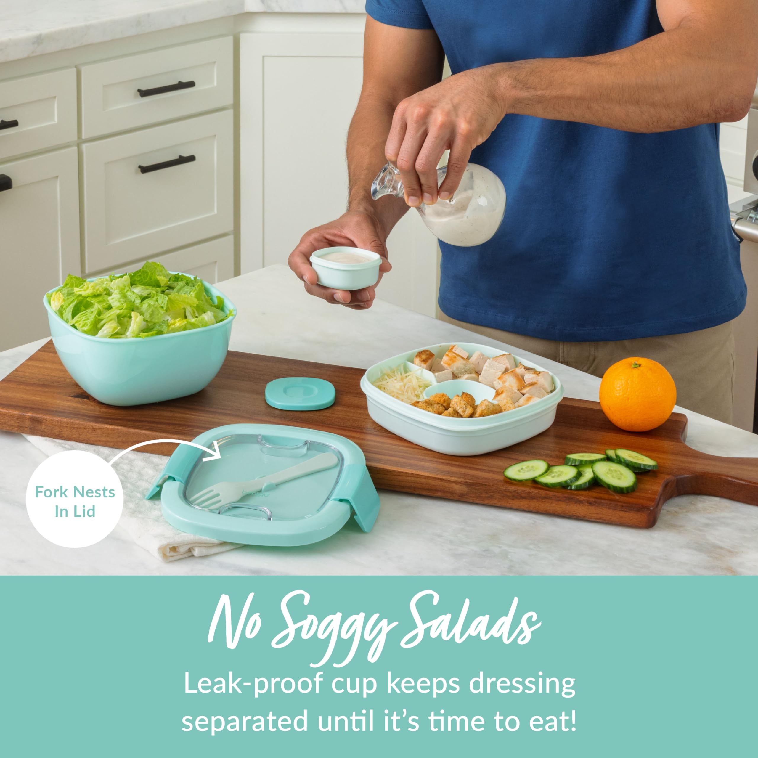 Bentgo Salad Container - 54 oz Bowl with 4-Compartment Toppings Tray, Leak-Proof Dressing Container, Reusable Fork, BPA-Free Lunch Box for Meal Prep & Food Storage; Removable Bento Tray (Coastal Aqua)