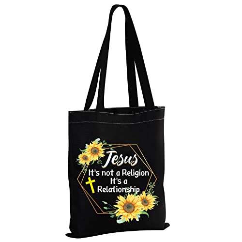 MBMSO Jesus Tote Bag It's Not a Religion It's a Relationship Shoulder Bag Christian Sunflower Gifts Religious Shopping Bags (Jesus TB-black)