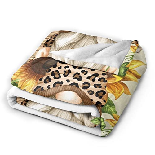 tiosggd Sunflower Gnomes Throw Blanket Leopard Cute Gnomes Blanket Fall Harvest Blankets Bed Quilt Throw for Couch Sofa Flannel Plush Super Soft Blanket 60''x50''