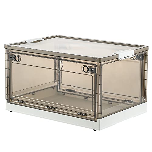 56 Quart Collapsible Storage Bins with Lids, Clear Stackable Lidded Storage Box with Wheels, Plastic Storage Container with 2 Doors, Storage Organizer with Attached Lid (Extra Large, Brown)