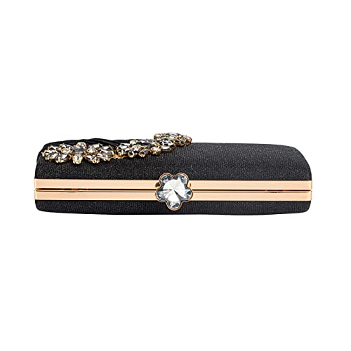 Mulian LilY Black Evening Bags For Women Glitter Crystal Pleated Bling Clutch Purse With Detachable Chain Strap M262