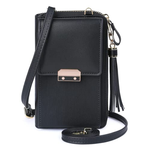 PU Leather Crossbody Bag for Women, Cell Phone Purse Wallet with Card Slots, Cell Phone Shoulder Bag with Shoulder Strap - Black