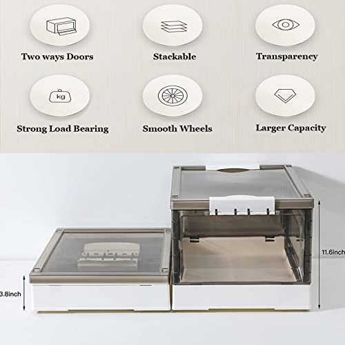 56 Quart Collapsible Storage Bins with Lids, Clear Stackable Lidded Storage Box with Wheels, Plastic Storage Container with 2 Doors, Storage Organizer with Attached Lid (Extra Large, Brown)