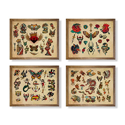 Vintage Tattoo Flash Wall Art & Decor - Gifts for Tattooist - Tattoo Shop Wall Decor - Sailor Jerry Tattoo Poster Picture - Oddity and Curiosity Decor, Tattoo Print Room Decoration, Old School Tattoo
