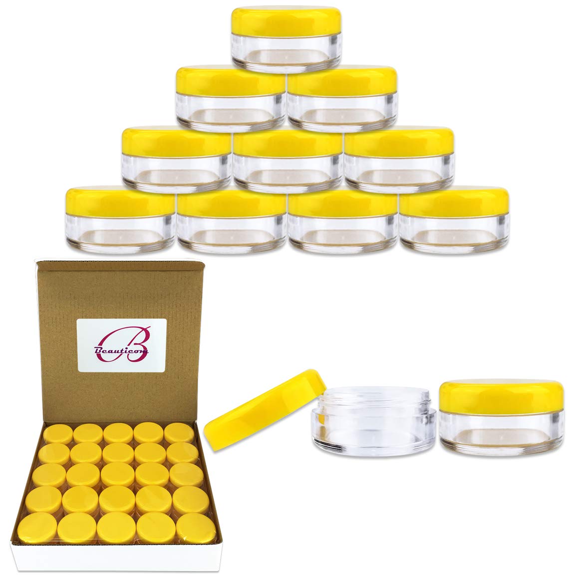 50 New Empty 5 Grams Acrylic Clear Round Jars - BPA Free Containers for Cosmetic, Lotion, Cream, Makeup, Bead, Eye shadow, Rhinestone, Samples, Pot, Small Accessories 5g/5ml (YELLOW LID)