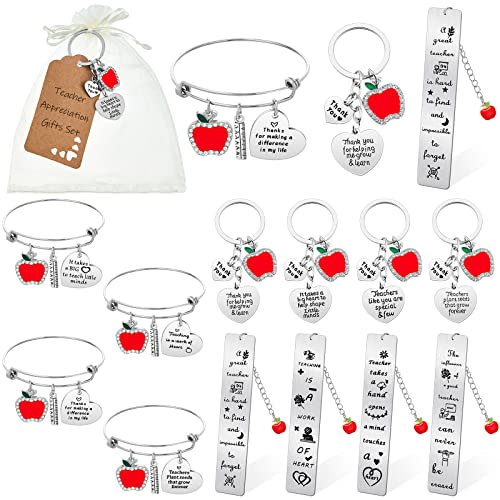 20 Pcs Teacher Appreciation Gifts in Bulk Include 4 Teacher Keychain 4 Teacher Bookmark 4 Teacher Bracelet 4 Tags 4 Organza Bag for Teacher End of Year Valentine Christmas Graduation Gift Supplies