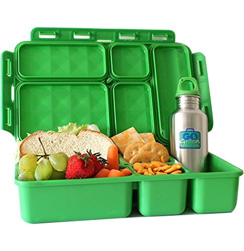 Go Green Lunch Box Lunch Box Set With 5 Compartment Leak-Proof Bento Lunch Box, Insulated Carrying Bag, Beverage Bottle, and Gel Freezer Pack Adults and Kids Space Planets Black White (Spaced Out)
