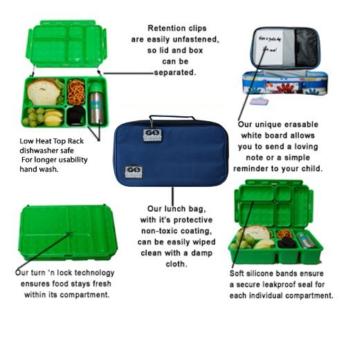 Go Green Lunch Box Lunch Box Set With 5 Compartment Leak-Proof Bento Lunch Box, Insulated Carrying Bag, Beverage Bottle, and Gel Freezer Pack Adults and Kids Space Planets Black White (Spaced Out)
