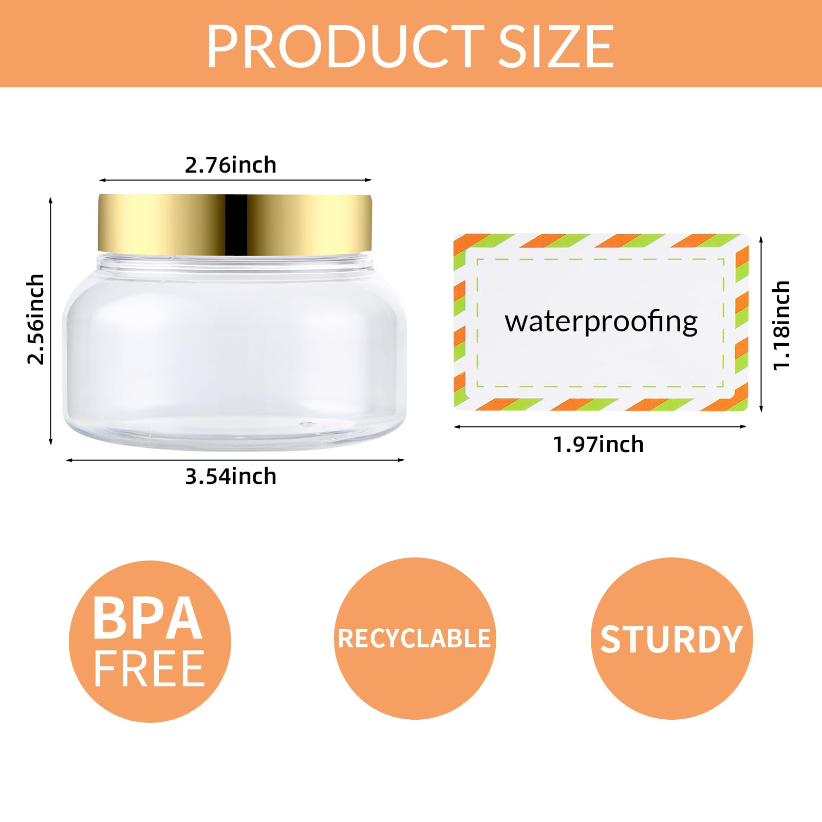 24 Pack 8 Oz Plastic Containers With Lids and Waterproof Label BPA Free - Refillable Transparent Cosmetic Containers for Body Butter,Sugar Scrubs,Cream,Lotions,Candy,Bath Salt (24, Gold)