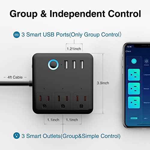 GHome Smart Power Strip, 3 USB Ports and 3 Individually Controlled Smart Outlets, WiFi Surge Protector Works with Alexa Google Home, Home Office Cruise Ship Travel Multi-Plug Extender Flat Plug, 10A