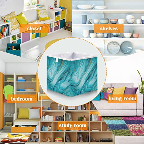 xigua Turquoise Marble Rectangle Storage Bin Large Collapsible Storage Basket Toys Clothes Organizer Box for Shelf Closet Bedroom Home Office, 15.8 x 10.6 x 7 Inch