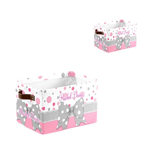 Polka Dots Bow Pink Personalized Storage Bins Basket Cubic Organizer with Durable Handle for Shelves Wardrobe Nursery Toy 1 Pack