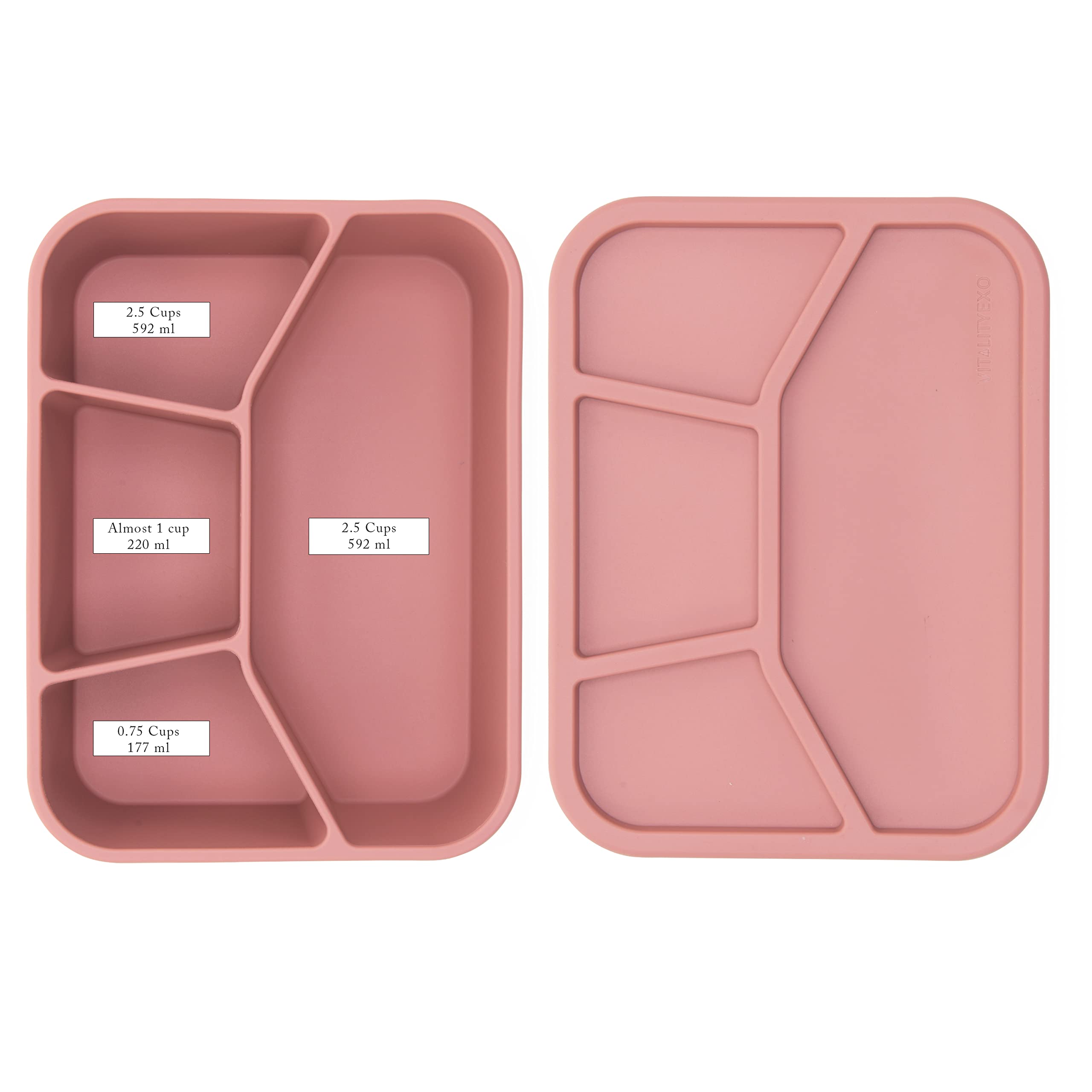 VitalityEXO Eco Friendly 4 Compartment Silicone Lunch Box for Adults and Kids Microwave Dishwasher and Freezer Safe with Separate Compartments Leakproof BPA-Free PVC-Free Bento Box (DARK PINK)