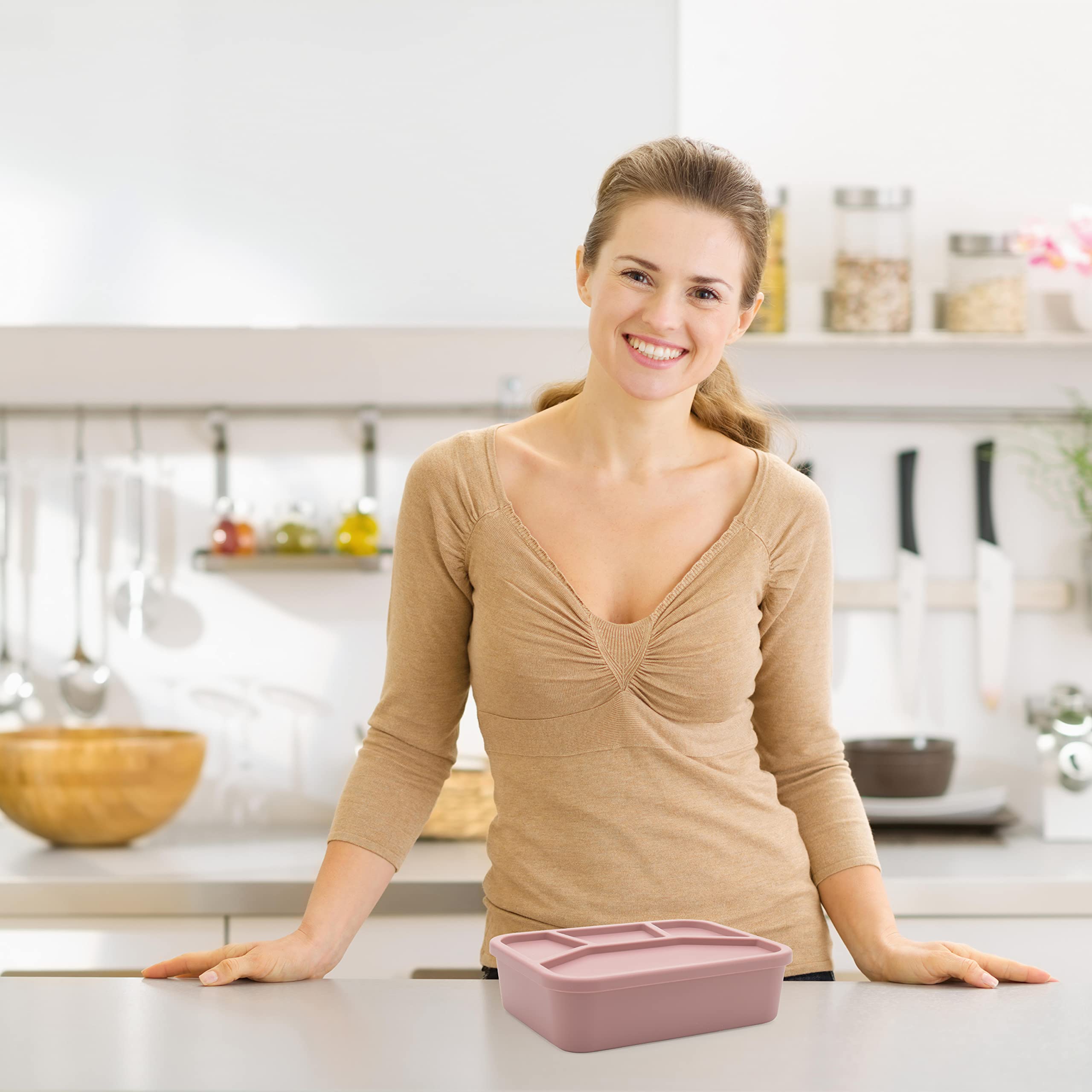 VitalityEXO Eco Friendly 4 Compartment Silicone Lunch Box for Adults and Kids Microwave Dishwasher and Freezer Safe with Separate Compartments Leakproof BPA-Free PVC-Free Bento Box (DARK PINK)