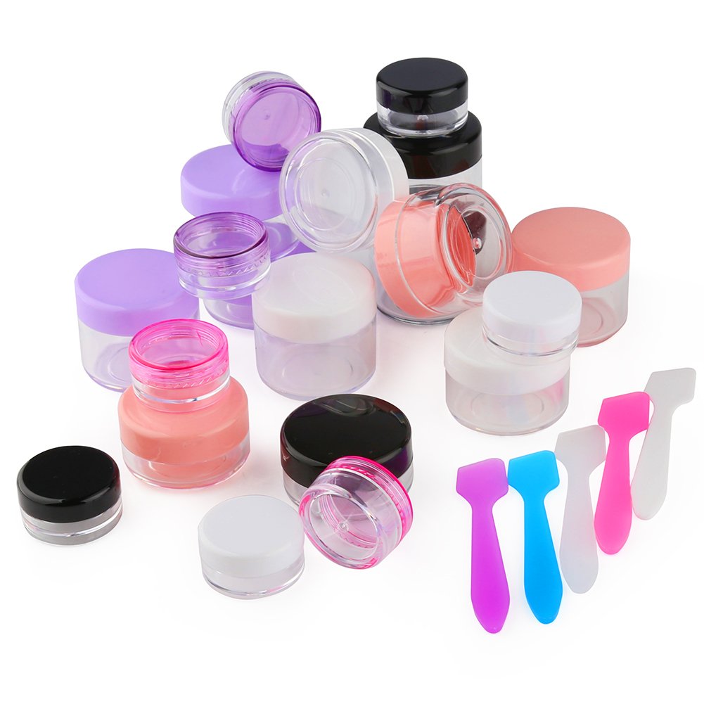 Accmor 15 Pieces Empty Clear Plastic Sample Containers with Lids 10/15/ 20 Gram Size Cosmetic Pots Jars with 5 Pieces Mini Spatulas