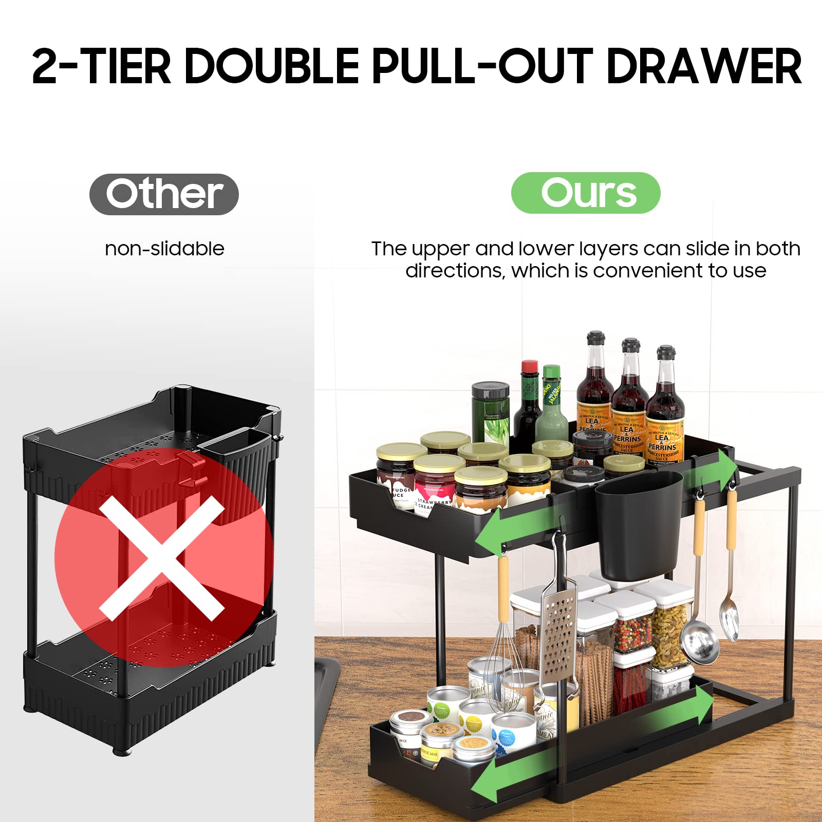 Under Sink Organizers and Storage, Nreirly Double Sliding Cabinet Basket Organizer Drawer, 2-Tier Slide Out Storage Shelf for Bathroom Kitchen Organizer with Hooks, Hanging Cup, Dividers, 2 Pack