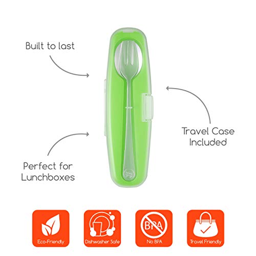 Innobaby Din Din Smart Stainless Steel Spoon and Fork with Carrying Case. Utensil Set for Kids and Toddlers. BPA Free. Green, 2 Count (Pack of 1)