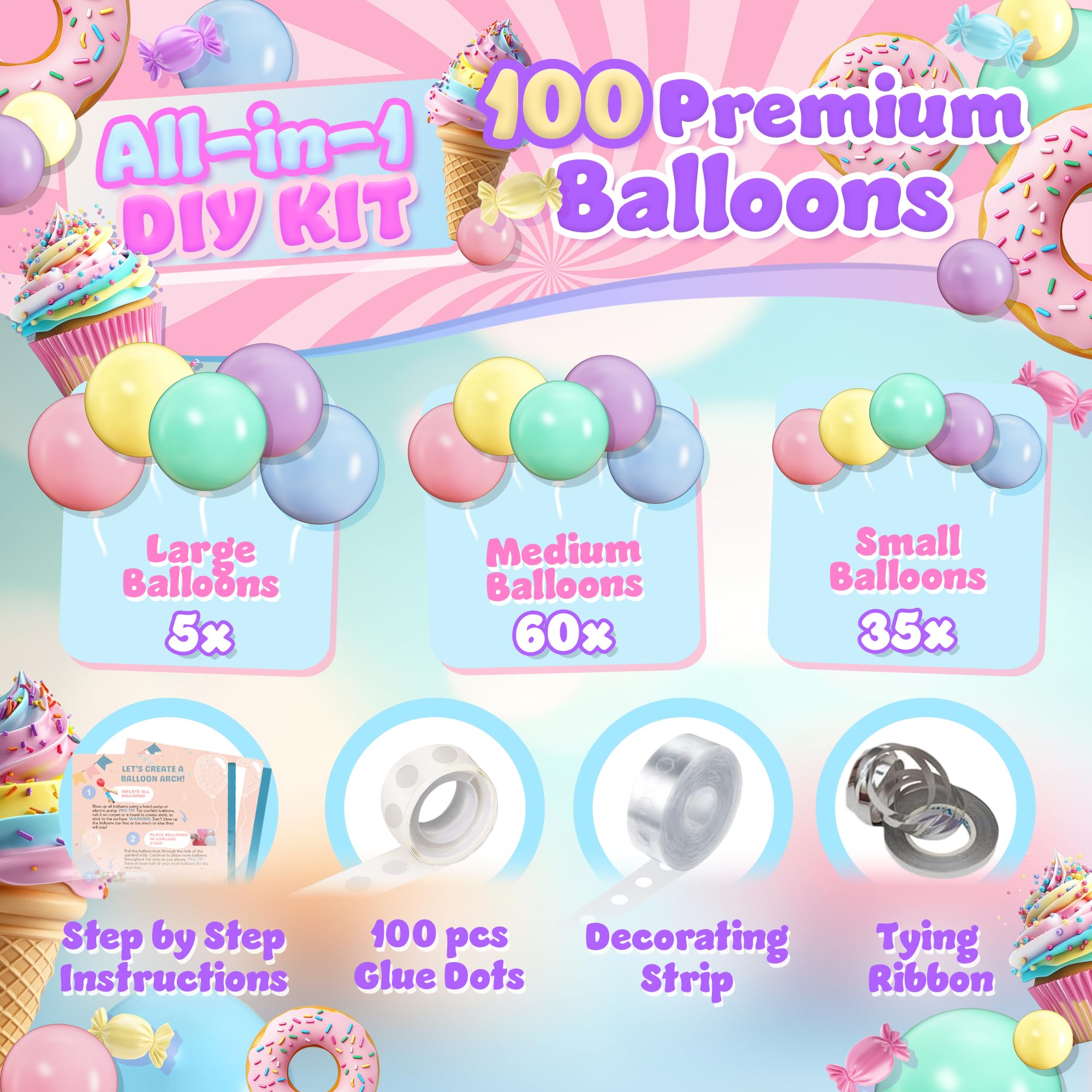 100pcs Pastel Balloon Garland Kit β Pastel Rainbow Balloon Arch β Small and Large Pastel Balloons for Pastel Birthday Decorations β Unicorn, Spring, Macaron, Easter, Donut & Ice Cream Party Balloons