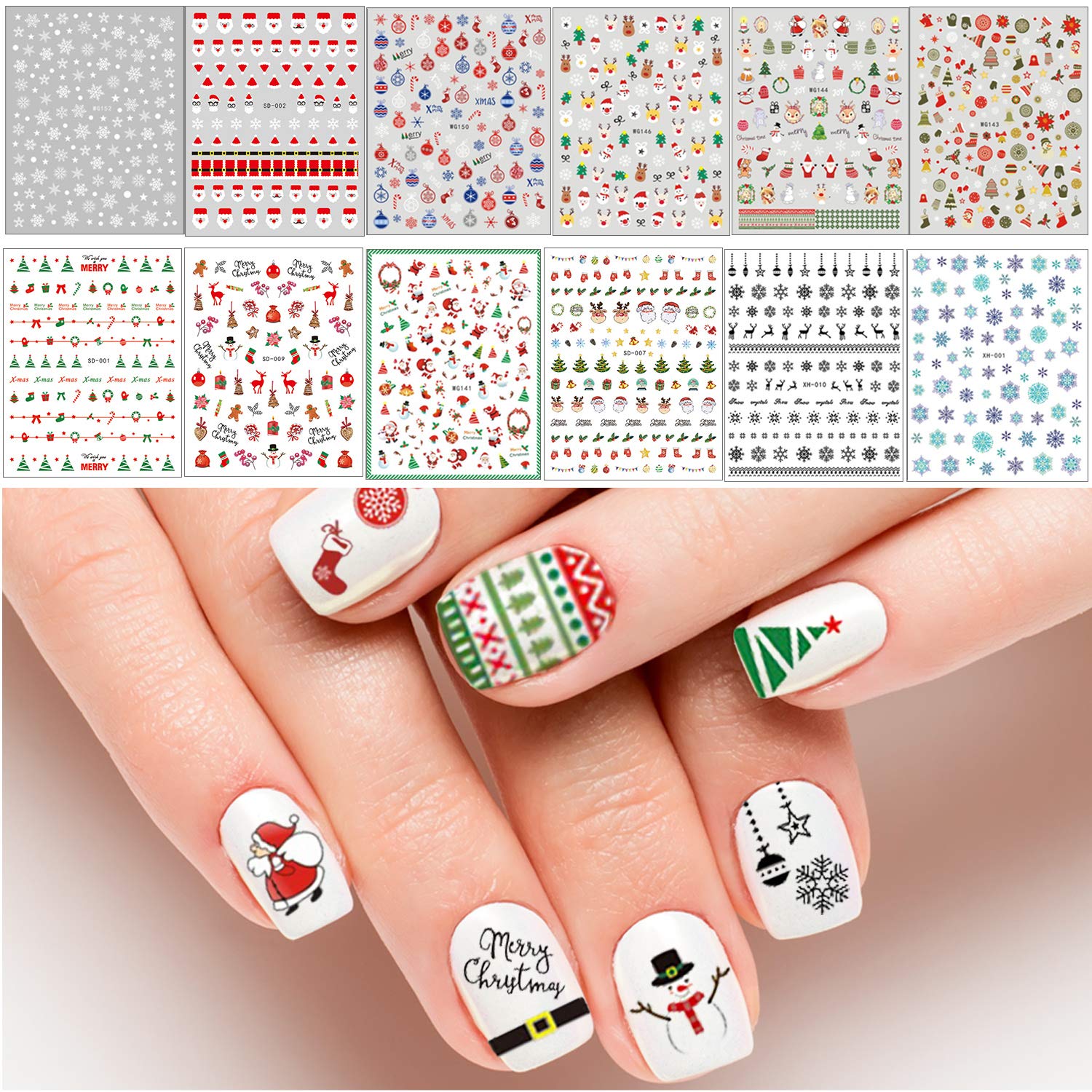 Adurself 1000+ Patterns Christmas Nail Art Decals Xmas 3D Nail Self-Adhesive Stickers Santa Claus Reindeer Snowflakes Snowmen Christmas bells for Women Girls Kids DIY Nail Design Manicure