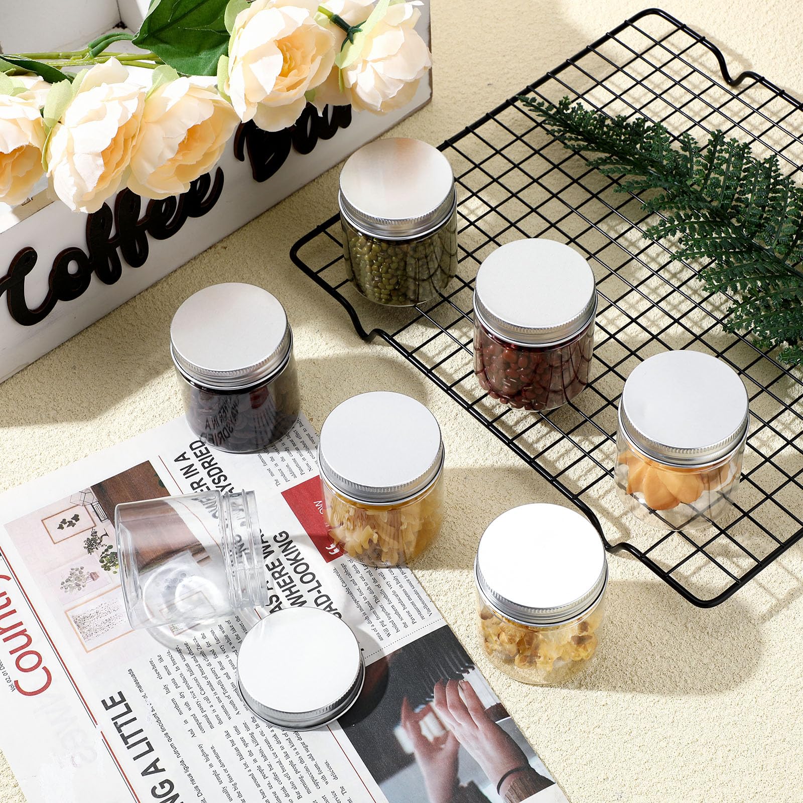 Thyle 100 Pcs Clear Plastic Jars with Lids, 4oz Refillable Containers for Cosmetics, Lotions, and Ointments, Empty Cosmetic Containers for Kitchen Household Storage (Silver)