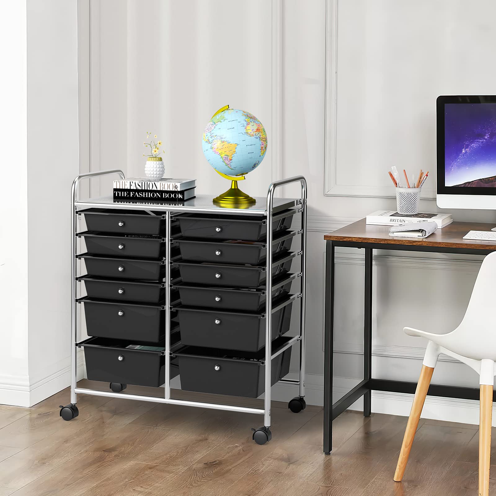 COSTWAY 12-Drawer Rolling Storage Cart, Moveable Art Craft Organizer W/Lockable Wheels, Metal Shelf, Files Arrangement Tools Makeup Storage Cart for Office, Home, School (Black)