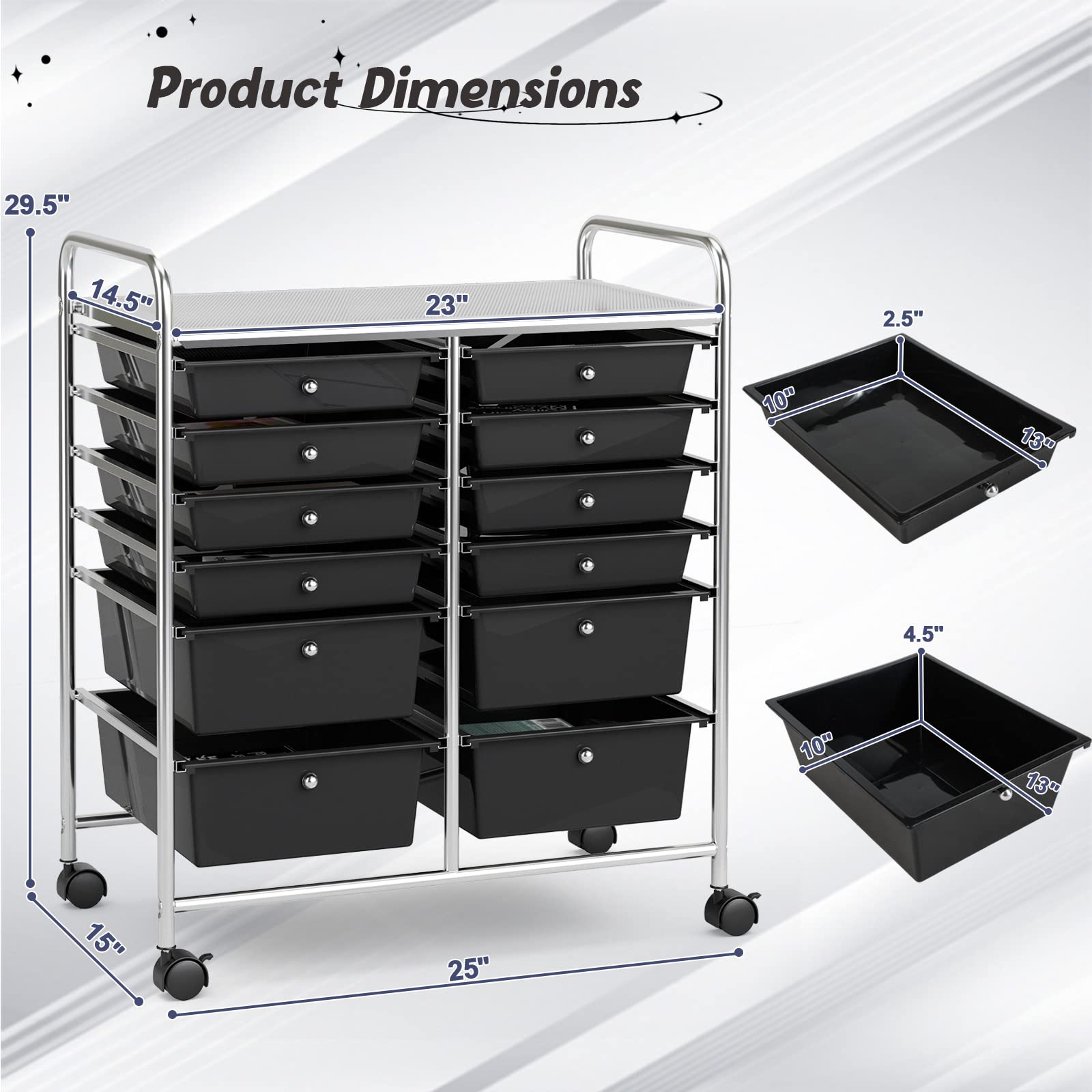 COSTWAY 12-Drawer Rolling Storage Cart, Moveable Art Craft Organizer W/Lockable Wheels, Metal Shelf, Files Arrangement Tools Makeup Storage Cart for Office, Home, School (Black)