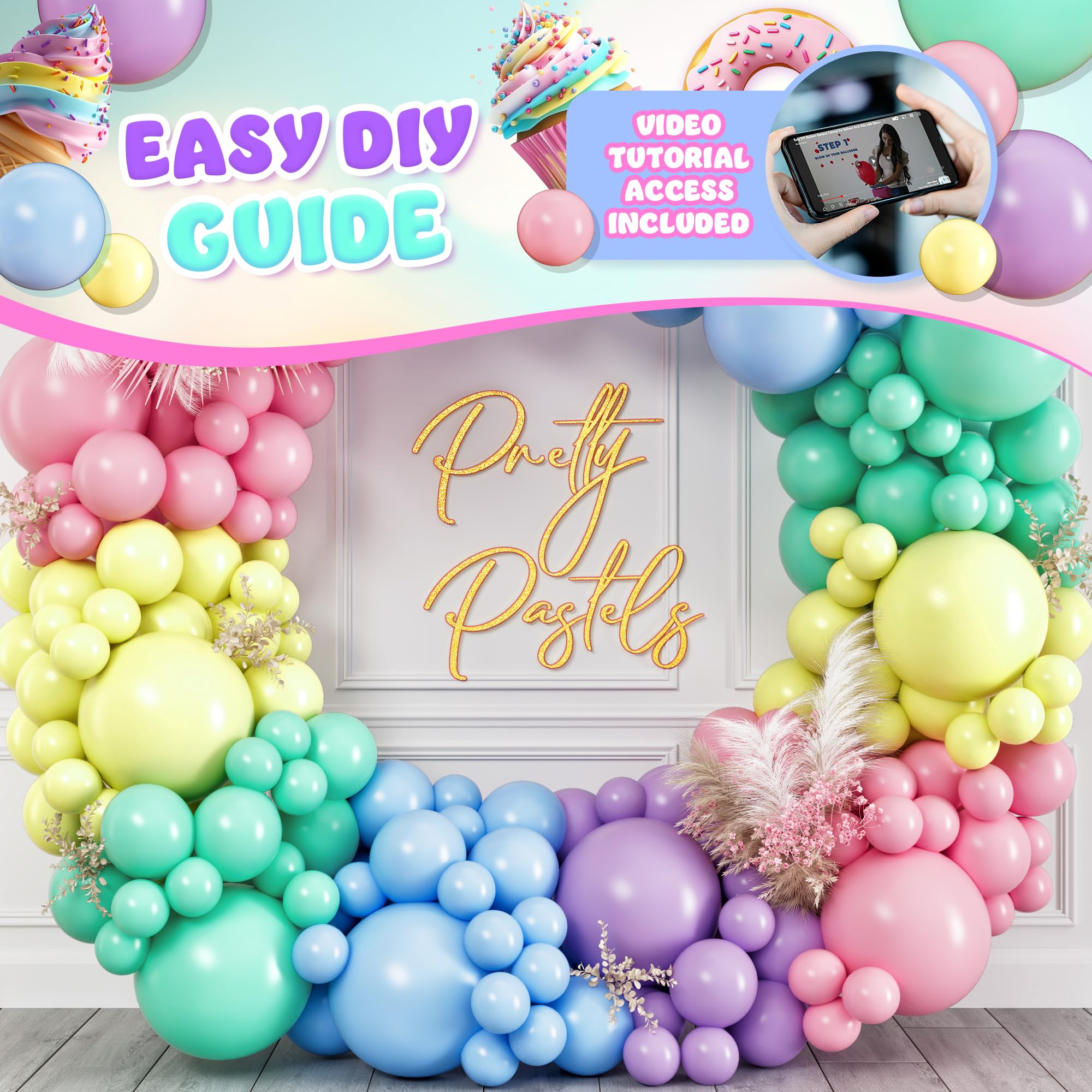 100pcs Pastel Balloon Garland Kit β Pastel Rainbow Balloon Arch β Small and Large Pastel Balloons for Pastel Birthday Decorations β Unicorn, Spring, Macaron, Easter, Donut & Ice Cream Party Balloons