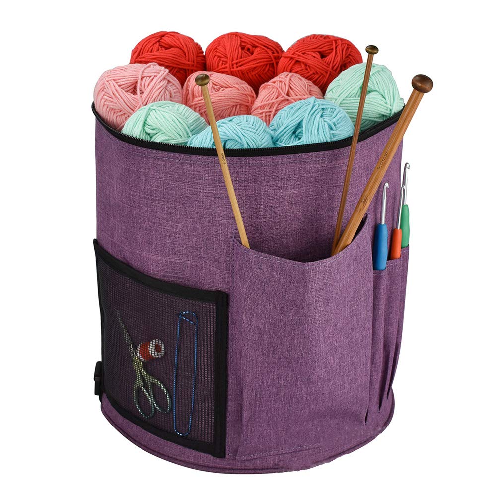 Yarn Crochet Print Tote Bag, Portable DIY Tool Knitting Tote Bag Bucket, Round Crochet and Knitting Bag for Crochet Hooks,Yarn, Knitting Needles Accessories Storage (B)