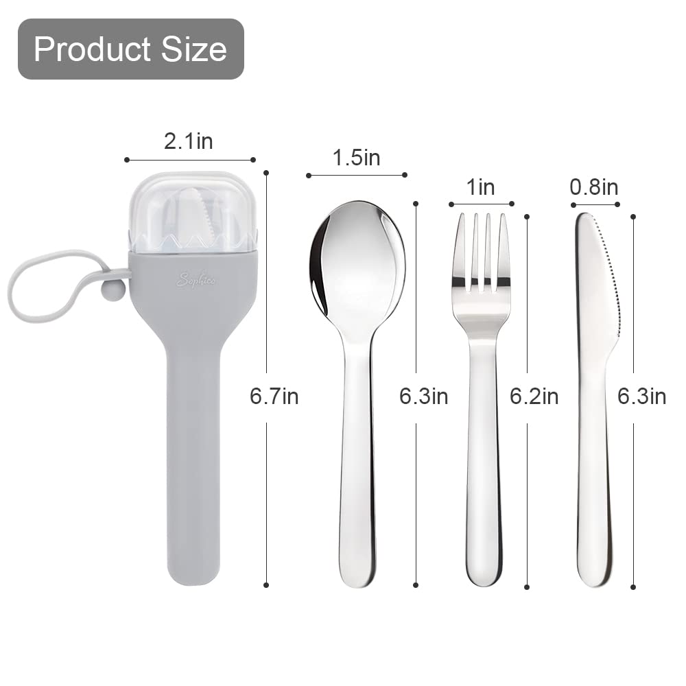Sophico Travel Utensils Set for Camping and Kids Lunch Box, Stainless Steel Fork and Spoon, Knife Silverware Flatware Sets with Silicone Case - Portable & Leak-proof, Dishwasher Safe (Grey, 1 Set)