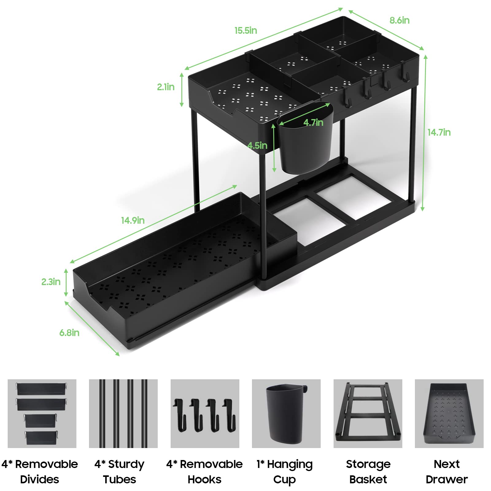 Under Sink Organizers and Storage, Nreirly Double Sliding Cabinet Basket Organizer Drawer, 2-Tier Slide Out Storage Shelf for Bathroom Kitchen Organizer with Hooks, Hanging Cup, Dividers, 2 Pack