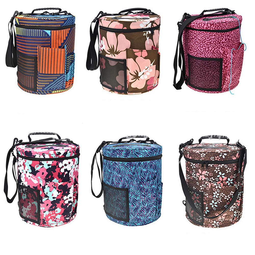 Yarn Crochet Print Tote Bag, Portable DIY Tool Knitting Tote Bag Bucket, Round Crochet and Knitting Bag for Crochet Hooks,Yarn, Knitting Needles Accessories Storage (B)