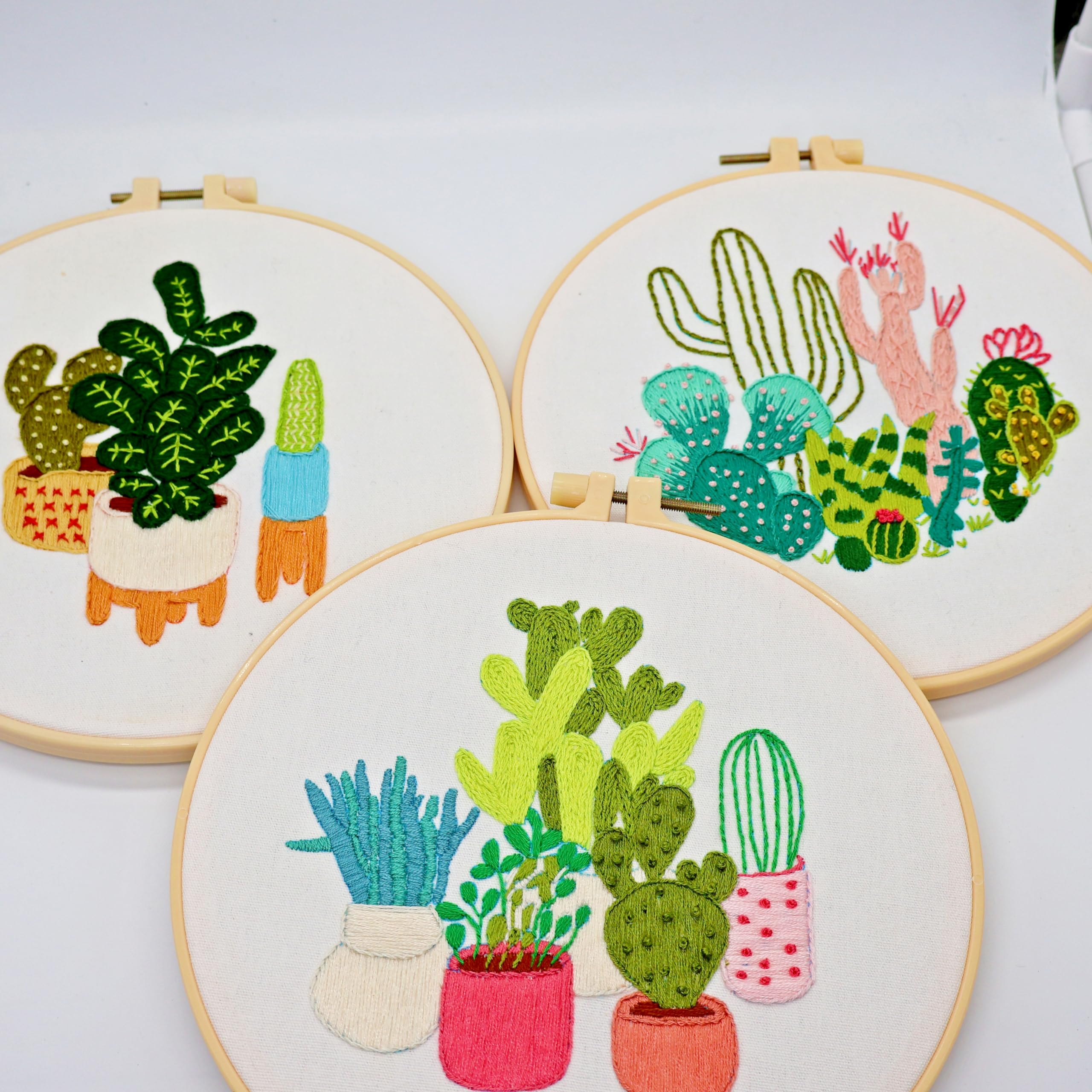 Highkick Embroidery Starter Kits for Adults Beginners with Stamped Pattern, Embroidery Floss + Needles + Hoop, Cactus Series, 3 Pack