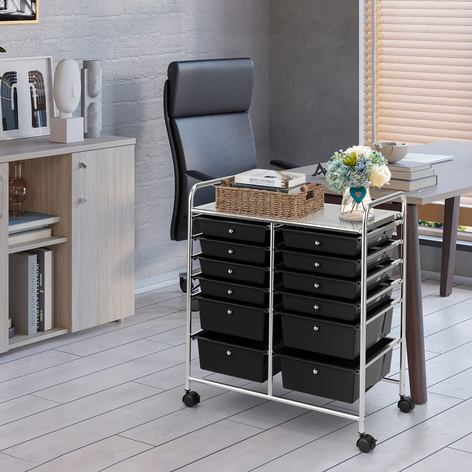 COSTWAY 12-Drawer Rolling Storage Cart, Moveable Art Craft Organizer W/Lockable Wheels, Metal Shelf, Files Arrangement Tools Makeup Storage Cart for Office, Home, School (Black)