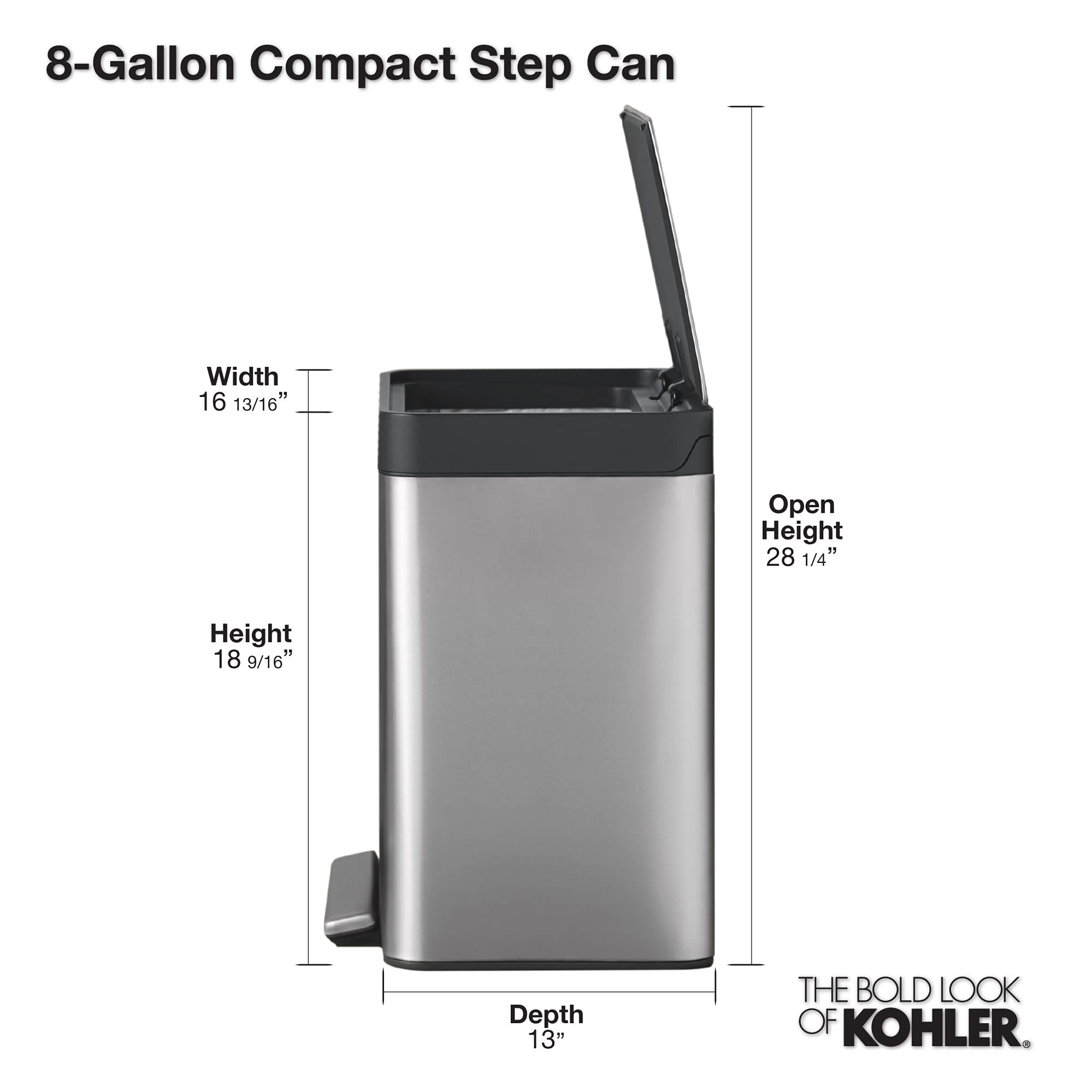KOHLER 8 Gallon Compact Hands-Free Kitchen Step Can, Trash Can with Foot Pedal, Quiet-Close Lid, Stainless Steel, K-20942-ST