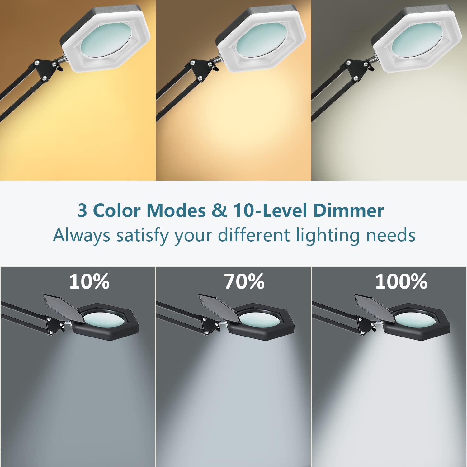Psiven Magnifying Glass with Light and Stand, Dimmable LED Magnifier Desk Lamp with Clamp, 3 Color Modes, Hands Free Magnifying Lights for Close Work, Repair, Swing Arm Magnifying Work Light with Base
