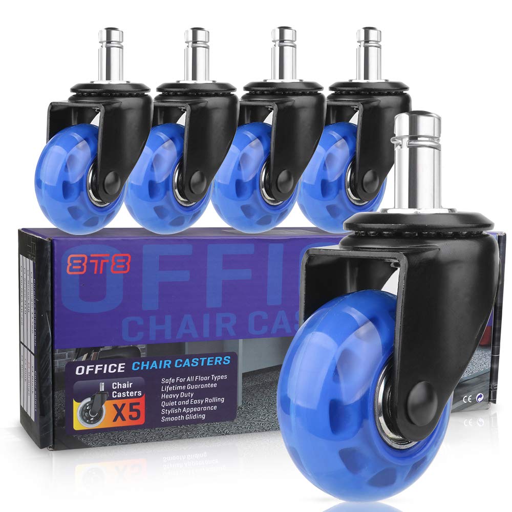 8T8 Upgraded Chair Caster Wheels 2'', Quiet and Smooth Gliding,Heavy Duty Wheels with Plug-in Stem 11X22 (7/16''X7/8''), Safe for Hardwood Carpet Tile Floors, Set of 5 (Blue, 2 inch)