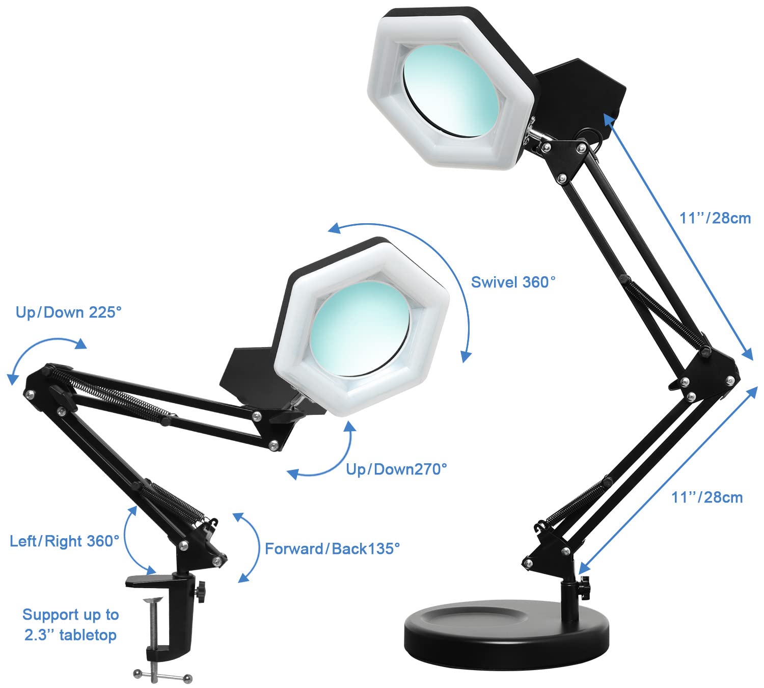 Psiven Magnifying Glass with Light and Stand, Dimmable LED Magnifier Desk Lamp with Clamp, 3 Color Modes, Hands Free Magnifying Lights for Close Work, Repair, Swing Arm Magnifying Work Light with Base