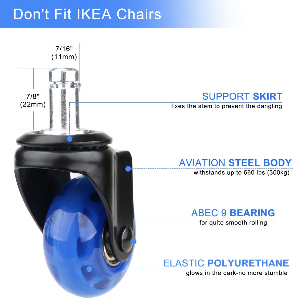 8T8 Upgraded Chair Caster Wheels 2'', Quiet and Smooth Gliding,Heavy Duty Wheels with Plug-in Stem 11X22 (7/16''X7/8''), Safe for Hardwood Carpet Tile Floors, Set of 5 (Blue, 2 inch)