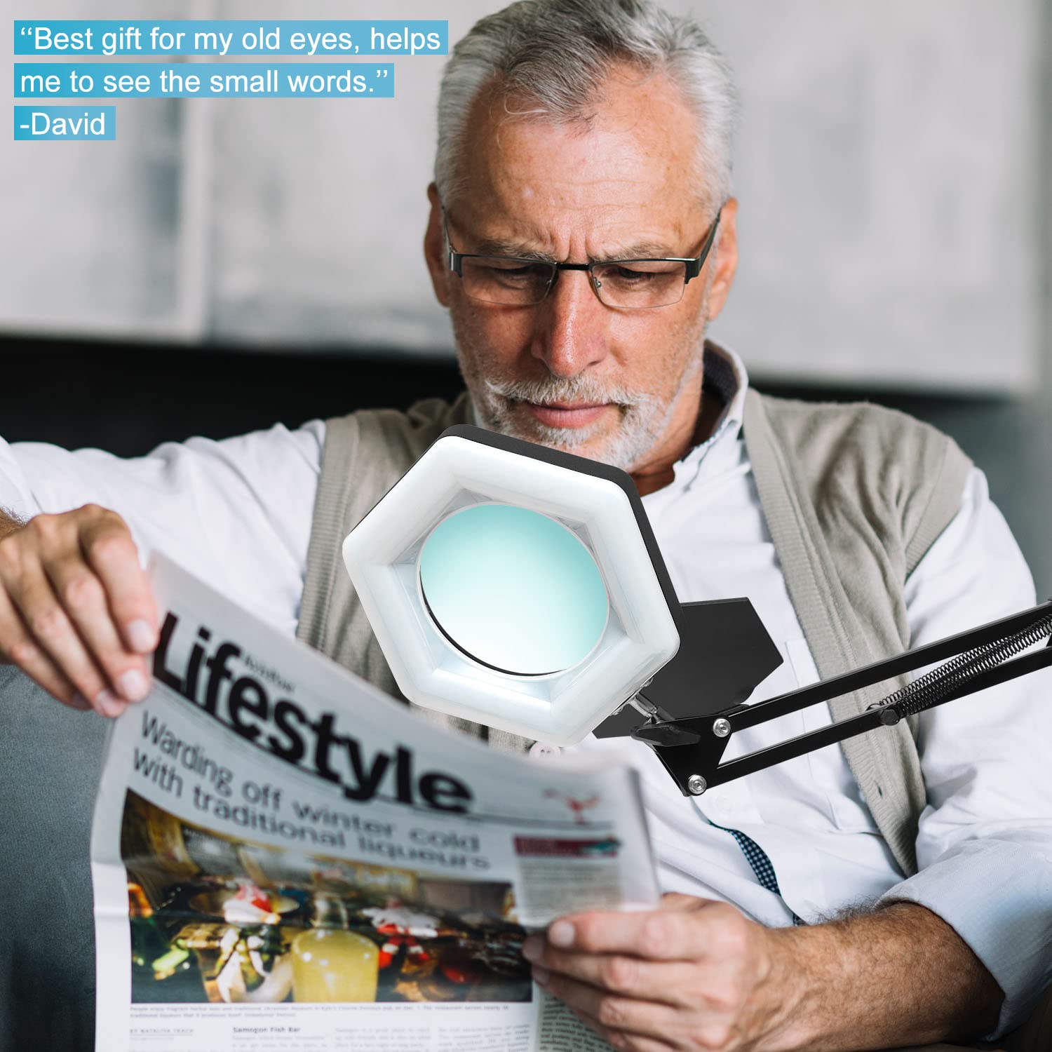 Psiven Magnifying Glass with Light and Stand, Dimmable LED Magnifier Desk Lamp with Clamp, 3 Color Modes, Hands Free Magnifying Lights for Close Work, Repair, Swing Arm Magnifying Work Light with Base
