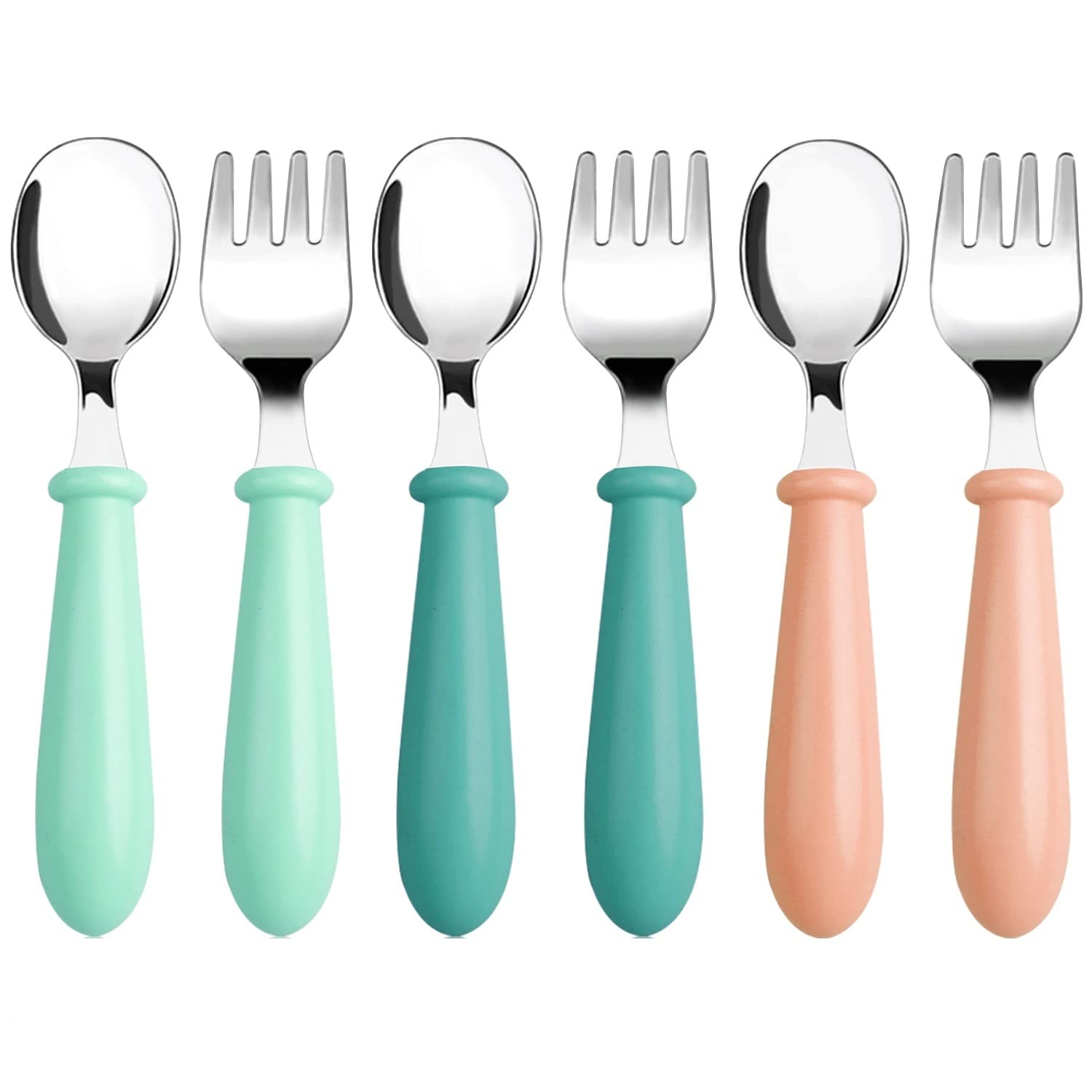 Pimoys 6 Pieces Toddler Utensils Stainless Steel Baby Forks and Spoons Set Kids Silverware Children's Flatware Metal Cutlery Set with Round Handle, 3 x Cute Forks,3 x Children Spoons