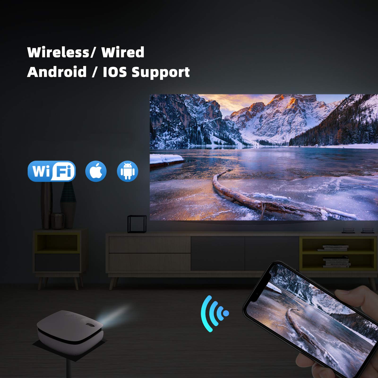 KARCLE WiFi Mini Projector, 7500L Portable Video Movie Projector for Home Theater/Outdoor Use, Full HD 1080P Projector, Support Android/iOS Phone Wireless Sync Screen, Laptop, HDMI, USB,TV Stick, PS4