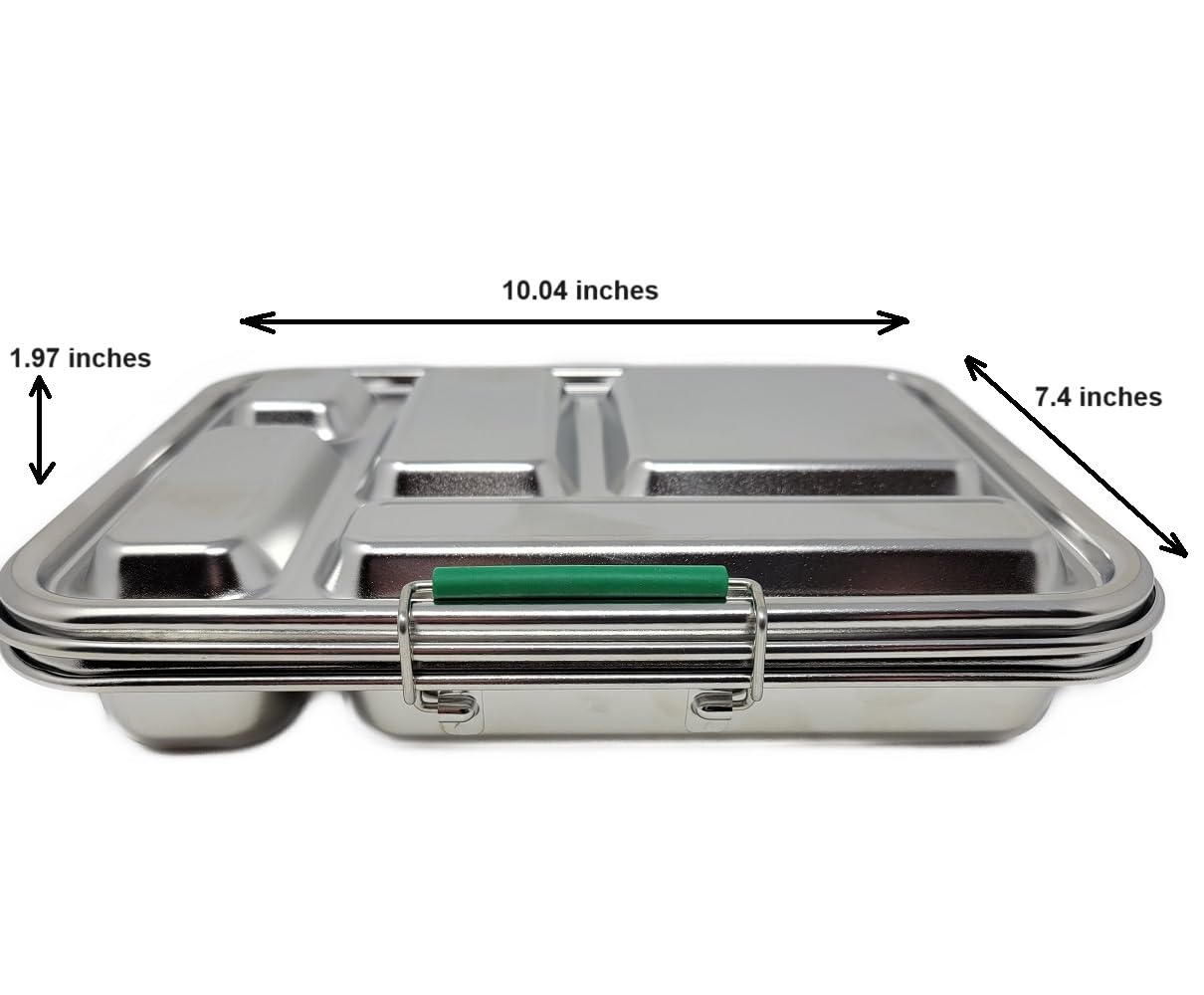 Flatbush Goods Leak Resistant Stainless Steel Bento Lunchbox with Silicone Seal, 2 Leak Proof Containers and 5 Compartments - Durable and Sustainable for Adults and Kids 5 and Older (Green), BSS1