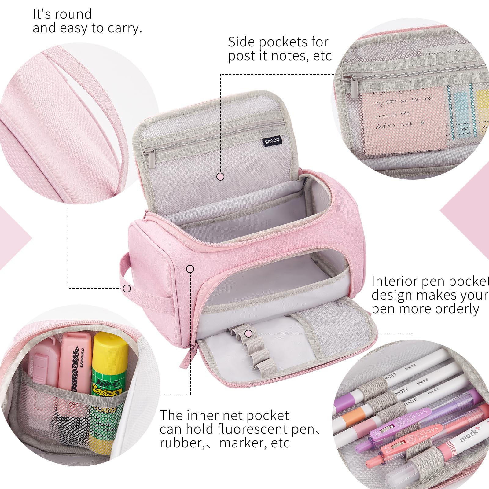 HVOMO Big Capacity Pencil Case High Large Storage Pouch Marker Pen Case Travel Simple Stationery Bag School College Office Organizer for Teens Girls Adults Student(Pink)