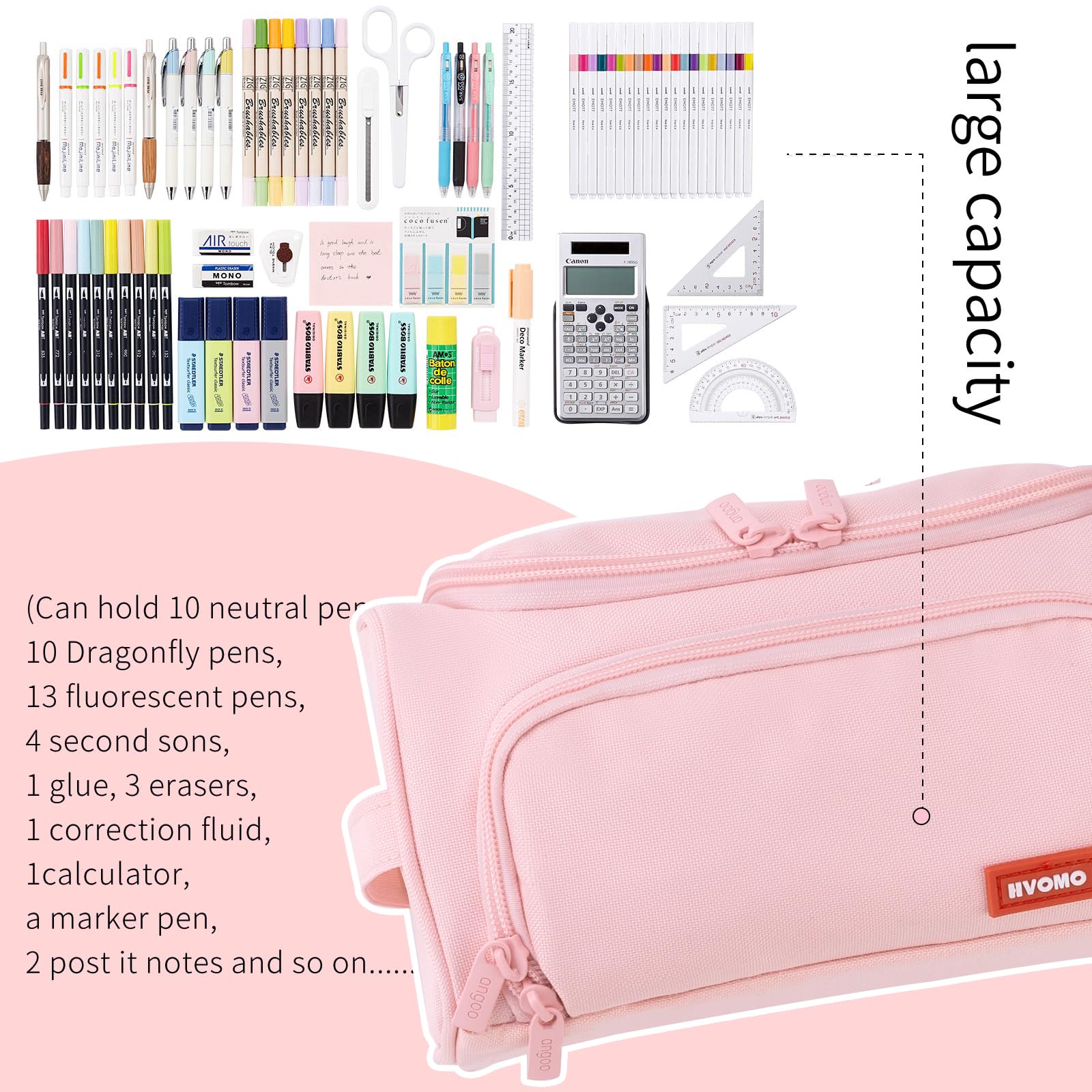 HVOMO Big Capacity Pencil Case High Large Storage Pouch Marker Pen Case Travel Simple Stationery Bag School College Office Organizer for Teens Girls Adults Student(Pink)