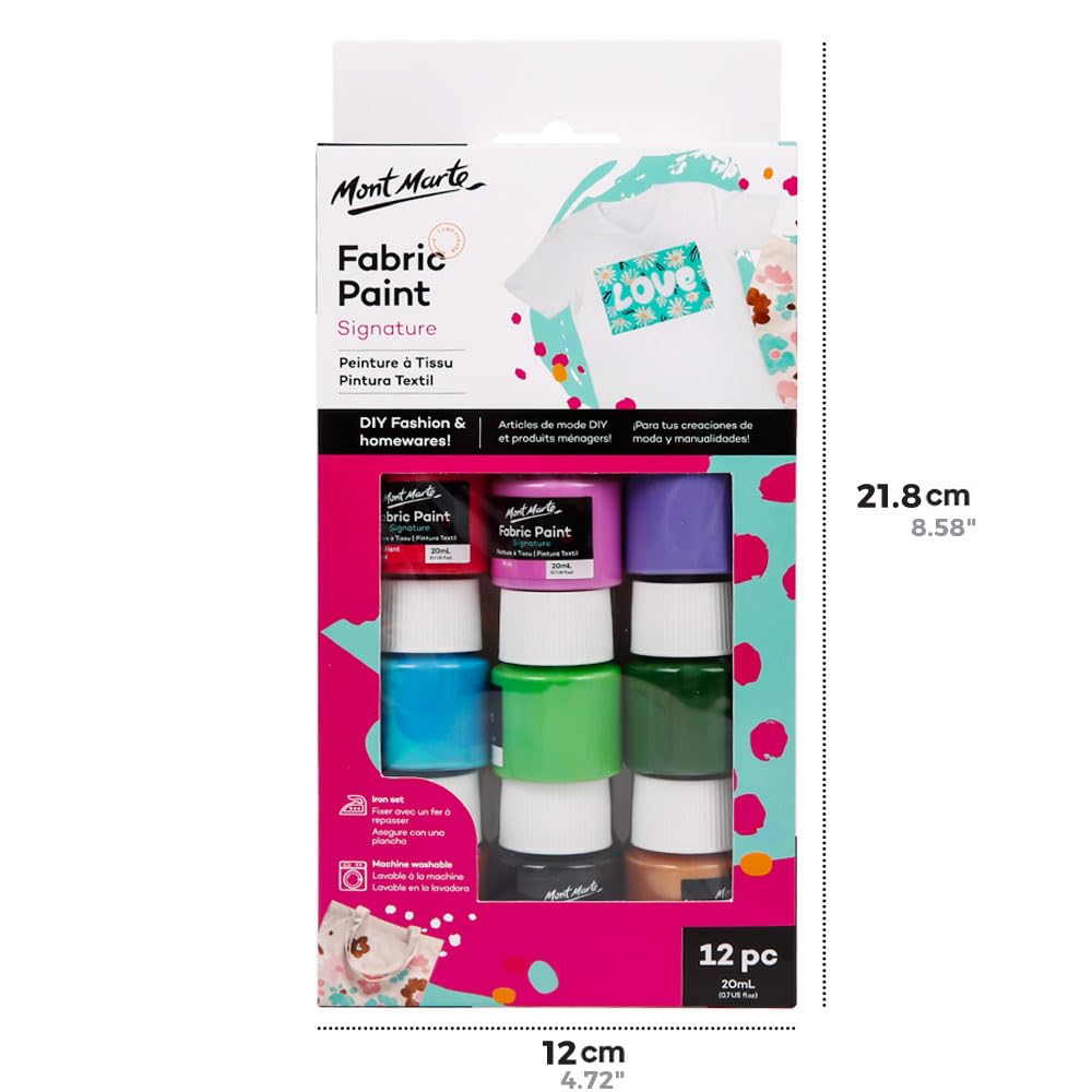 Mont Marte Signature Fabric Paint, 12pc x 0.7oz (20ml), Suitable for DIY Fashion and Homewares