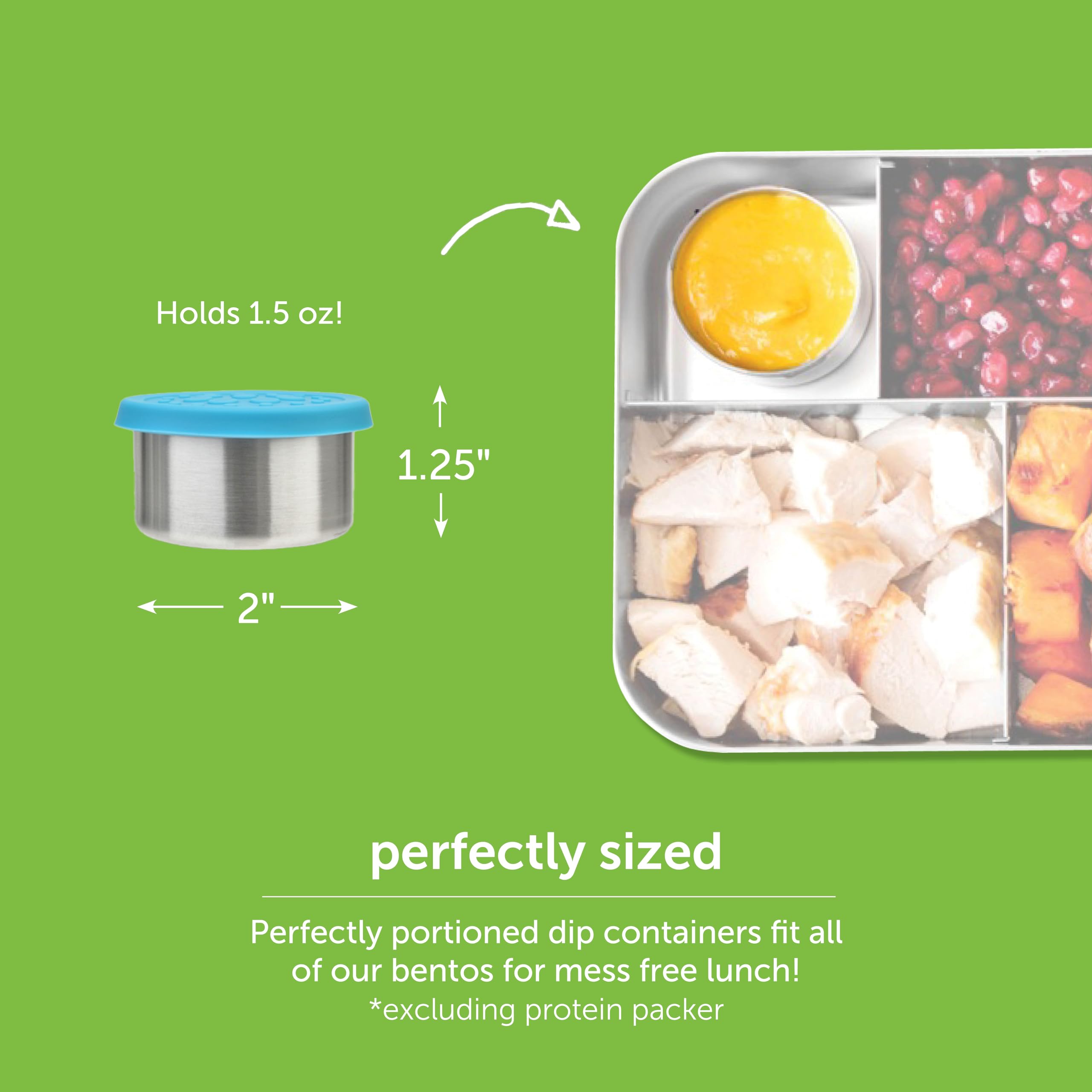 LunchBots Tiny Dips Condiment Containers - Set of 3 - Perfect Portion Cups - Spill Proof Lunch Box Sauce Container with Lid - Food Grade Stainless Steel - 1.5oz - Dishwasher Safe - Assorted Lids
